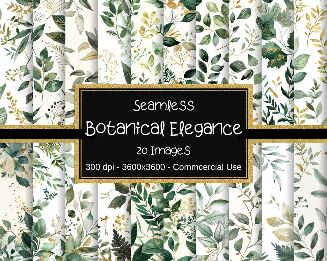 Seamless Watercolor Gentle Leaves Digital Paper, Green, Sage and Gold ...