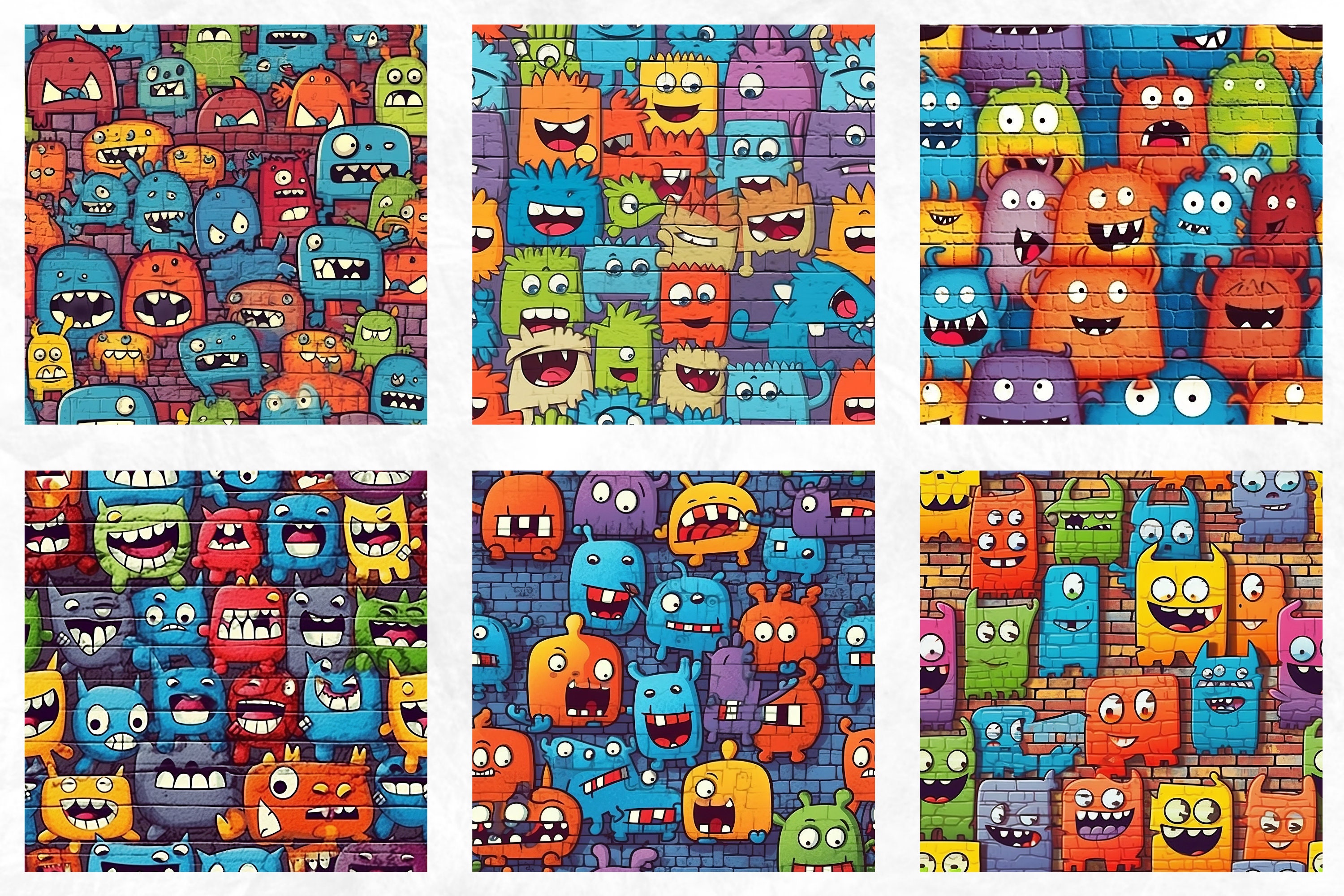 Monster Graffiti Wall Digital Paper, Colorful Distressed Backgrounds ...