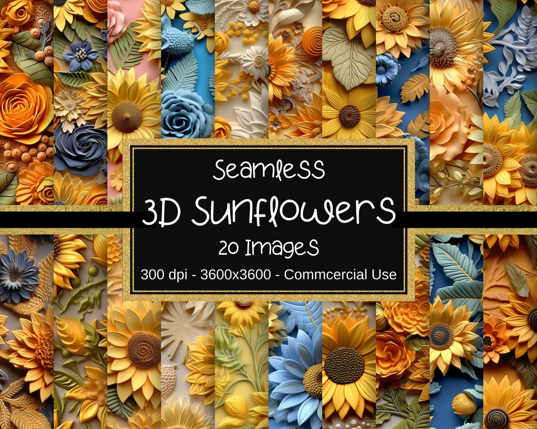 3D Sunflowers, 3D Flower Seamless Patterns, 20 Designs, 12x12in ...
