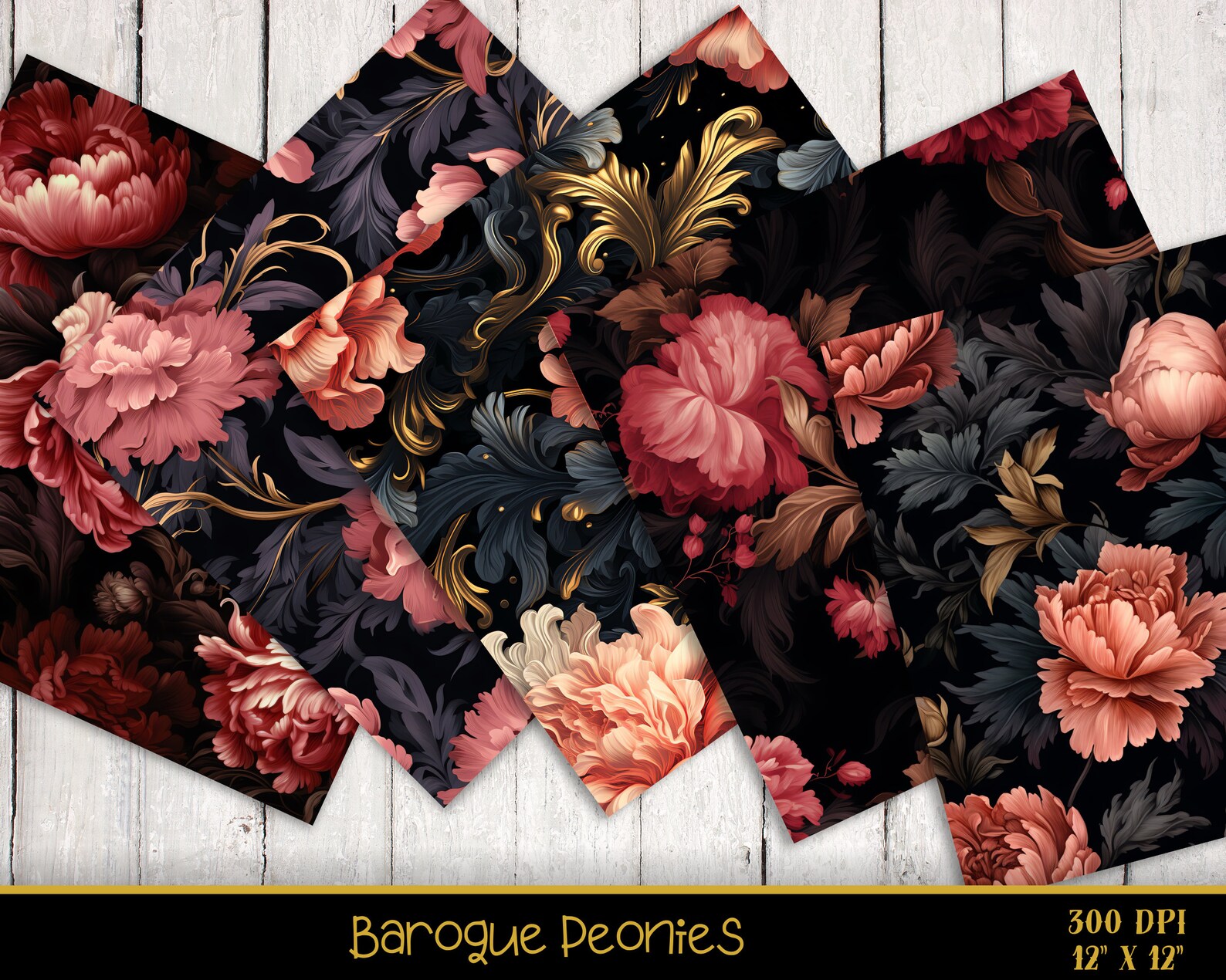 Baroque Peony Seamless Digital Papers, Seamless Dark Floral Backgrounds ...
