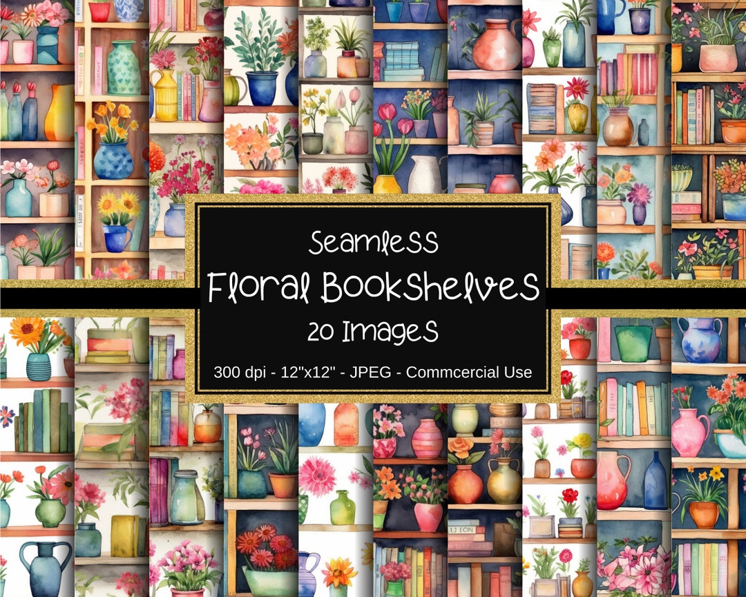 Bookshelf Seamless Digital Paper, Floral Bookshelves, 20 Images, 20"x12 ...