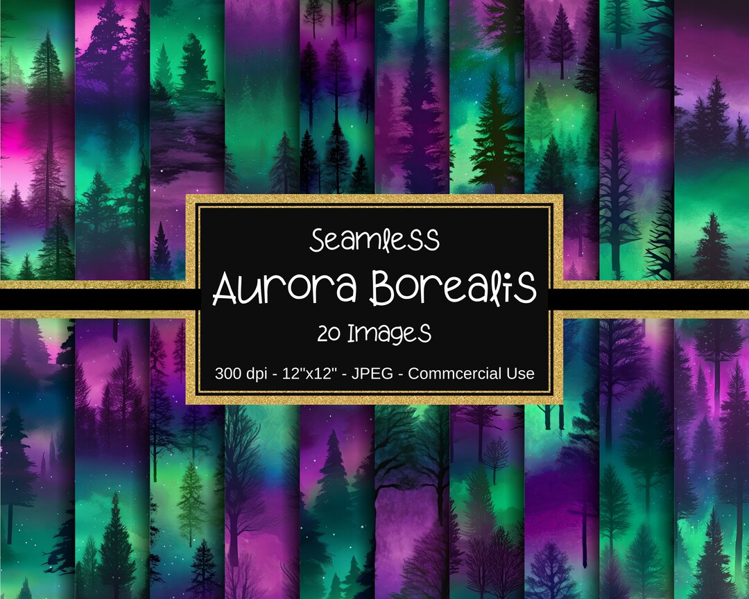 Aurora Borealis and Trees Digital Paper, Northern Lights, 20 Seamless ...