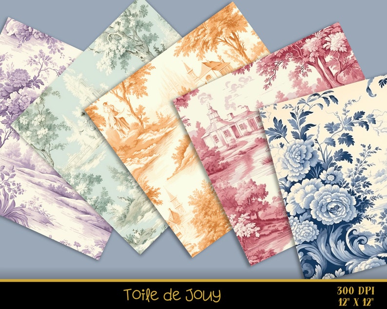 French Toile De Jouy Digital Papers, 20 Images, 12x 12, Colorful Toile ...