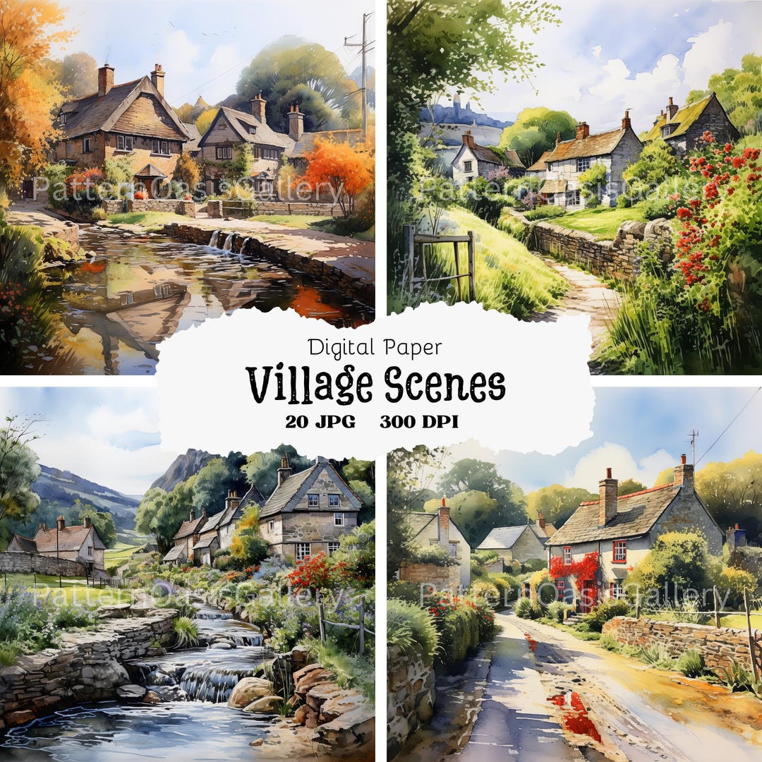 20 Watercolor Designs of Village Scenes, 20 Jpgs, Card Making, Junk ...