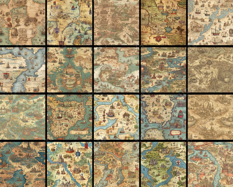 Fantasy Maps Seamless Patterns - 20 Old World Map Designs, 12"x12 ...