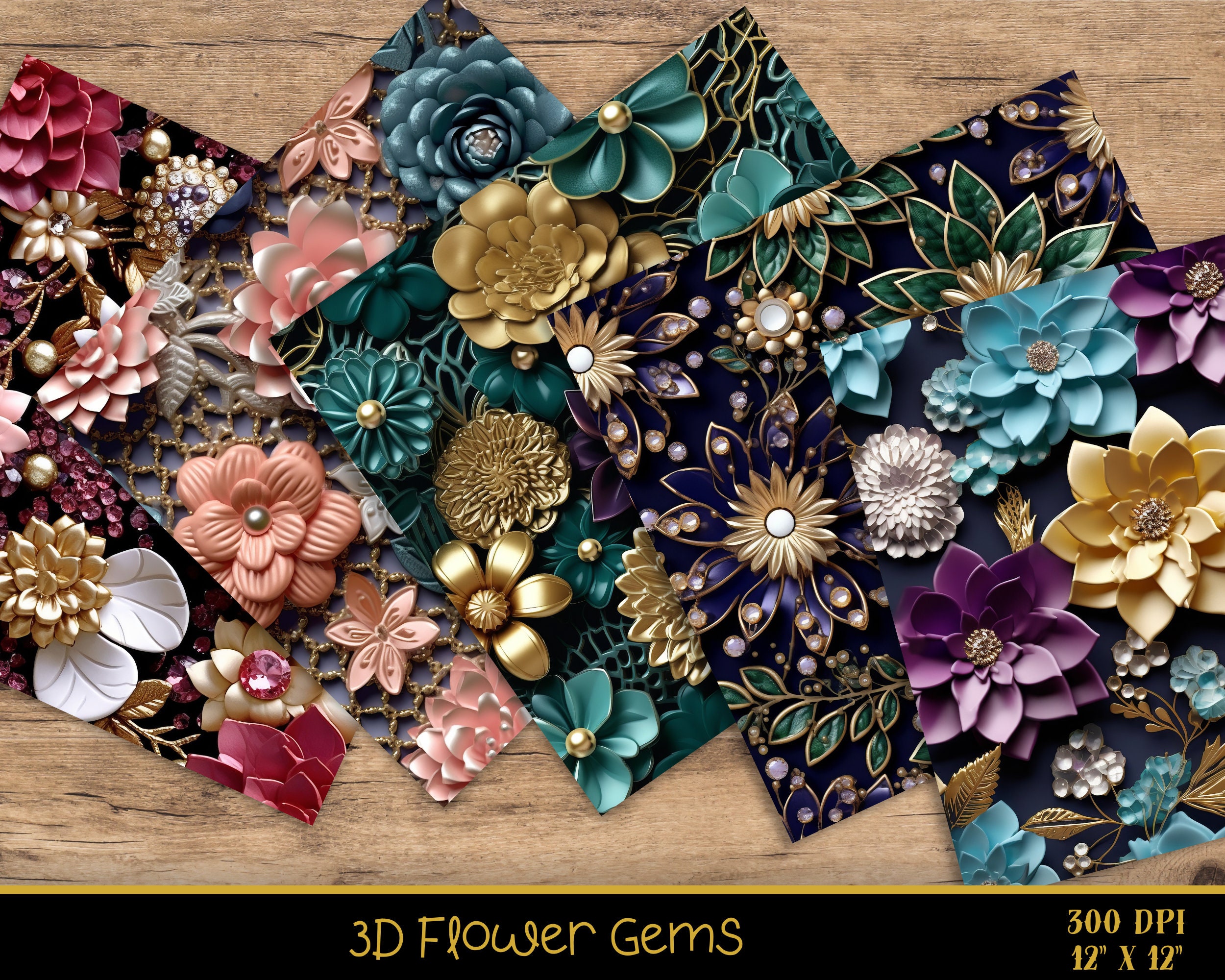 3D Flower Gems Digital Papers, 3D Floral Gems, 3D Flower Seamless ...