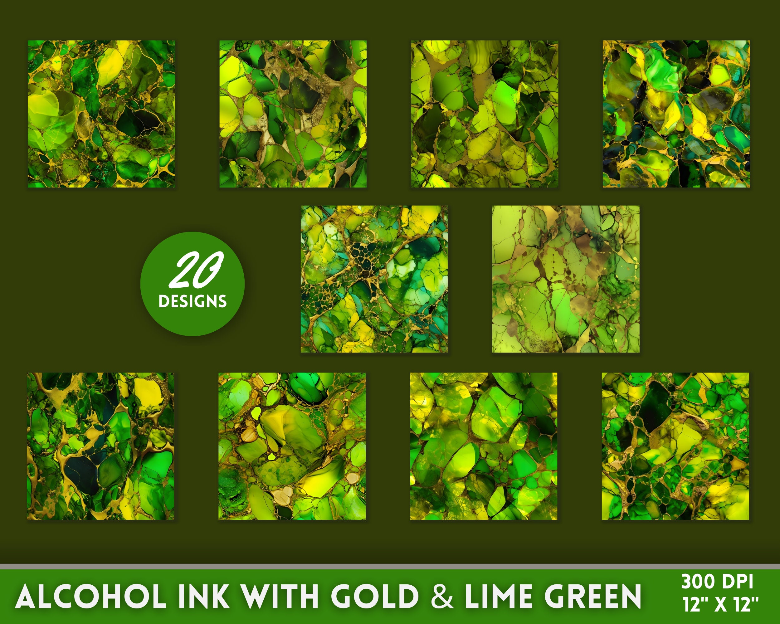 Lime Green and Gold Alcohol Ink Abstract Digital Paper, 20 SEAMLESS ...