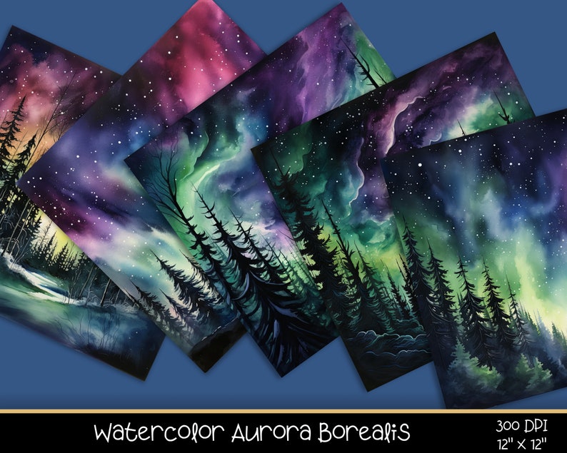 Watercolor Aurora Borealis Digital Paper, Northern Lights Backgrounds ...