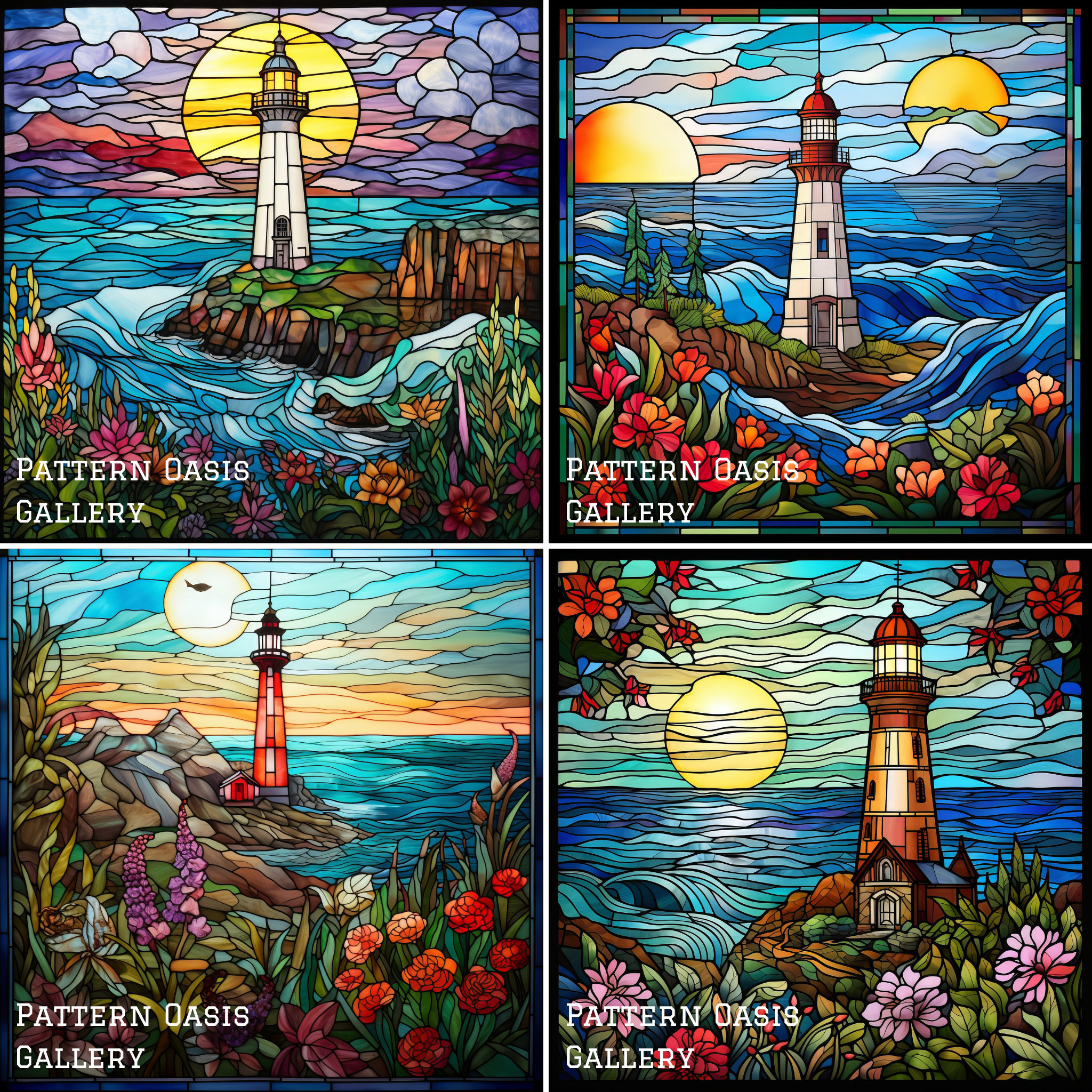 Stained Glass Lighthouse Digital Paper, Lighthouses Stained Glass ...