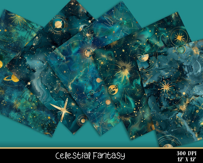 Celestial Digital Paper Pack, Seamless Vintage Designs (12x12", 20 ...