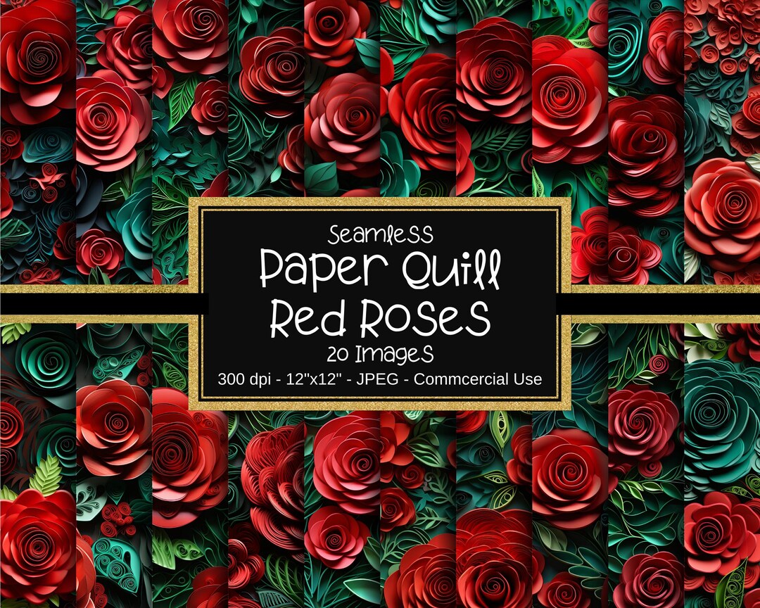 Red Roses Seamless Digital Paper, Quilled Paper Red Roses Patterns, 12 ...