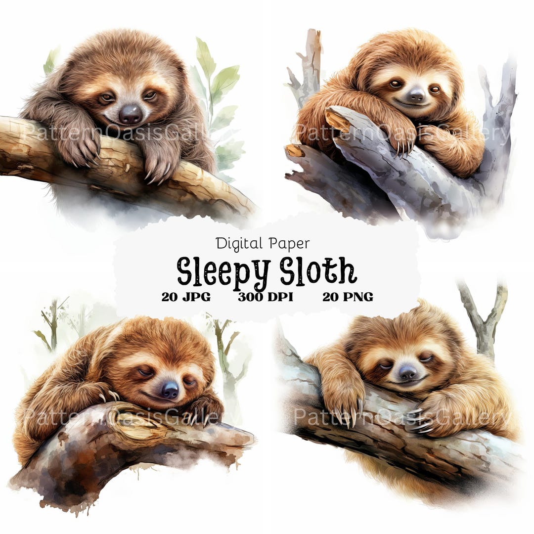 20 Sloth Clipart, Watercolor Sloth Clip Art, Sleepy Sloth Clipart, Wall ...