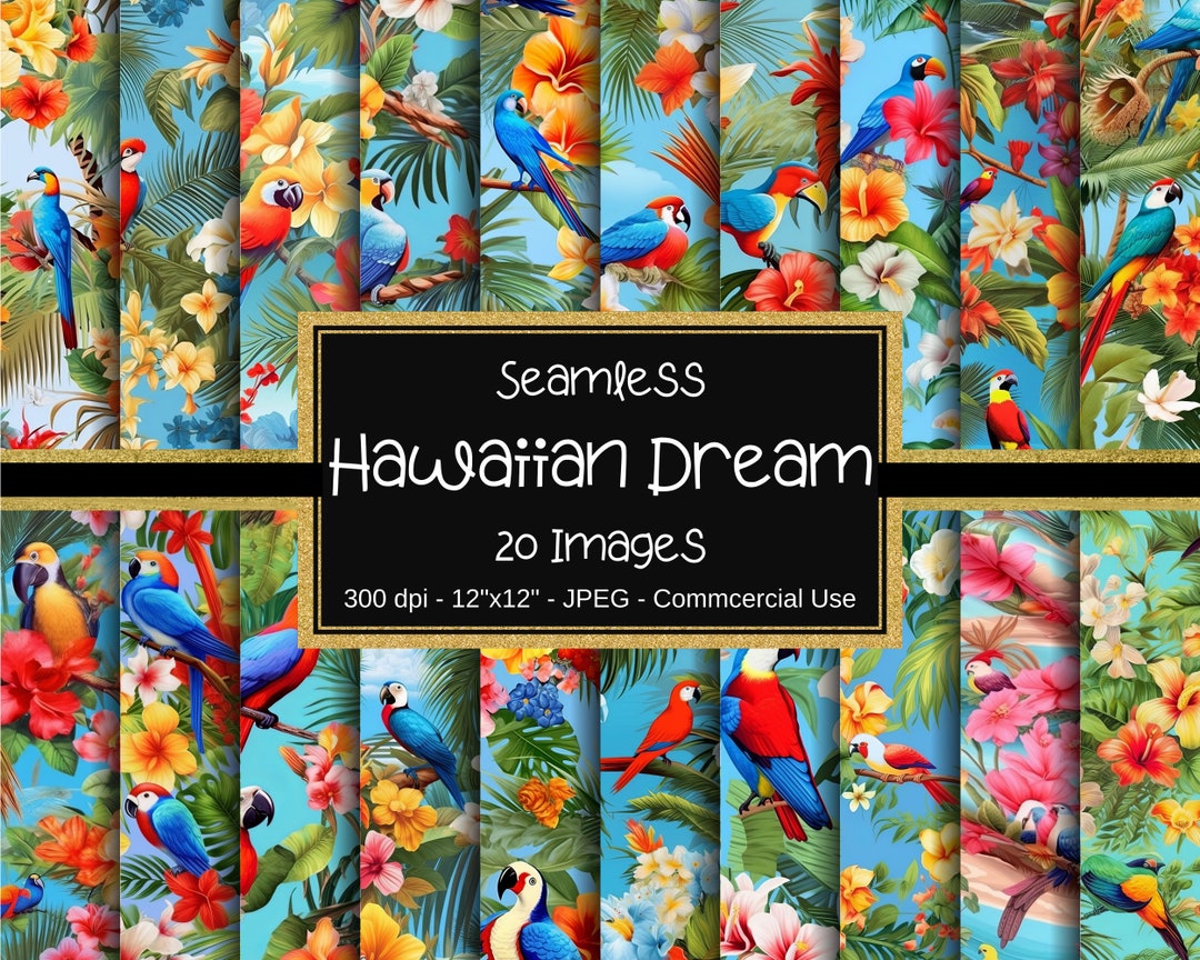 Hawaiian Flowers and Birds Digital Paper, Ocean, Beach Life, Tropical ...
