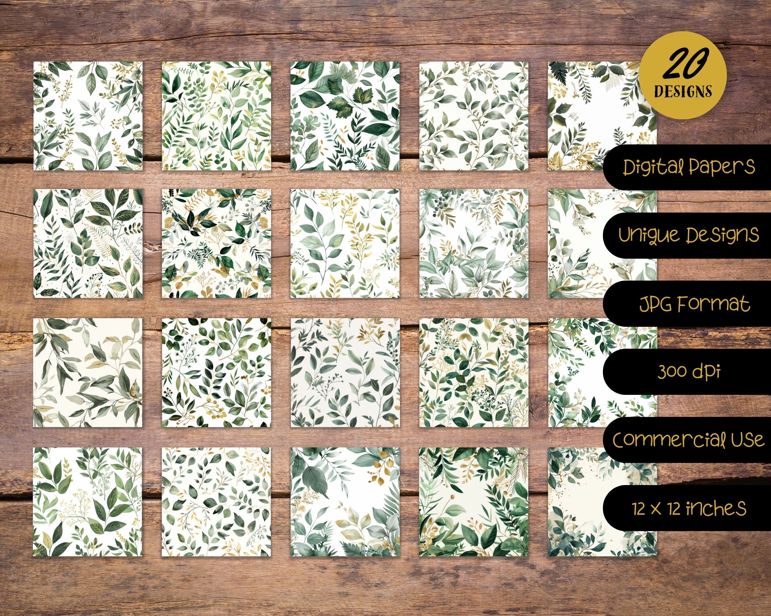 Seamless Watercolor Gentle Leaves Digital Paper, Green, Sage and Gold ...
