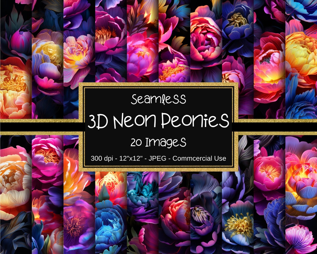 3D Neon Peonies Digital Paper Pattern - Seamless Pattern Pack, Instant ...