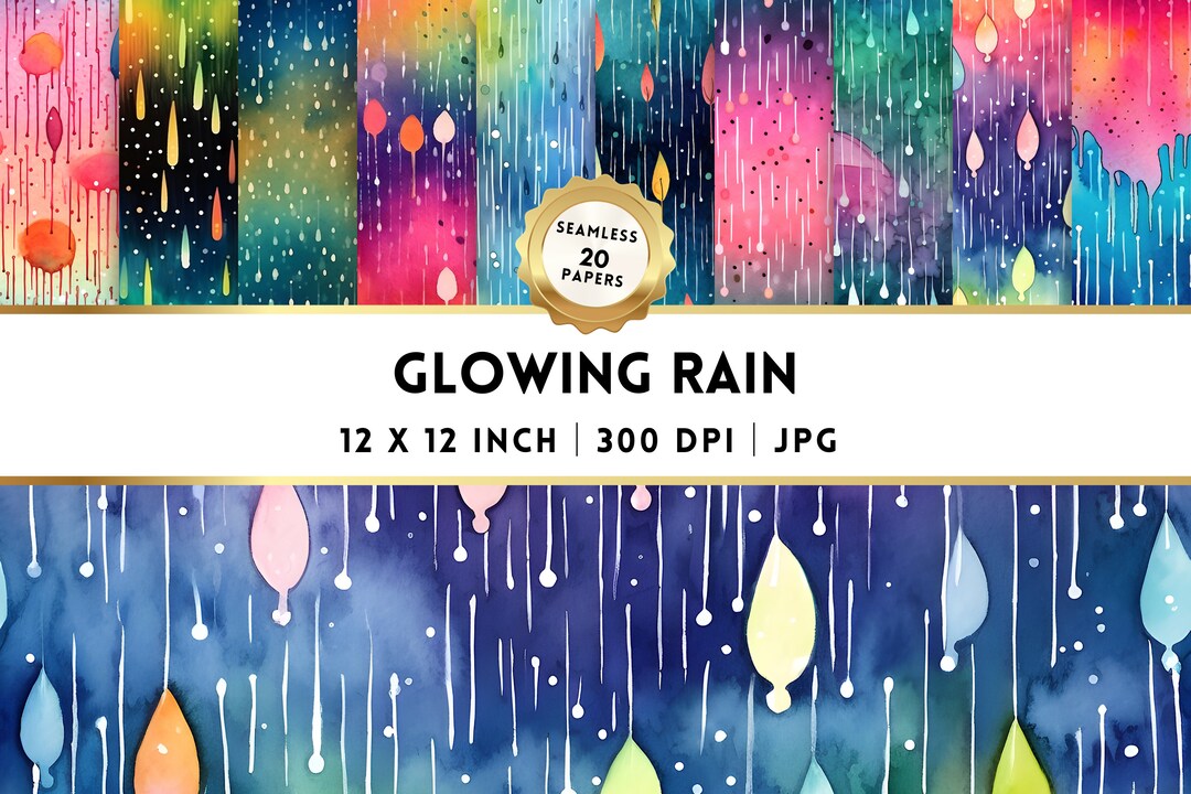 Seamless Watercolor Rain Digital Paper Glowing Background, Printable ...