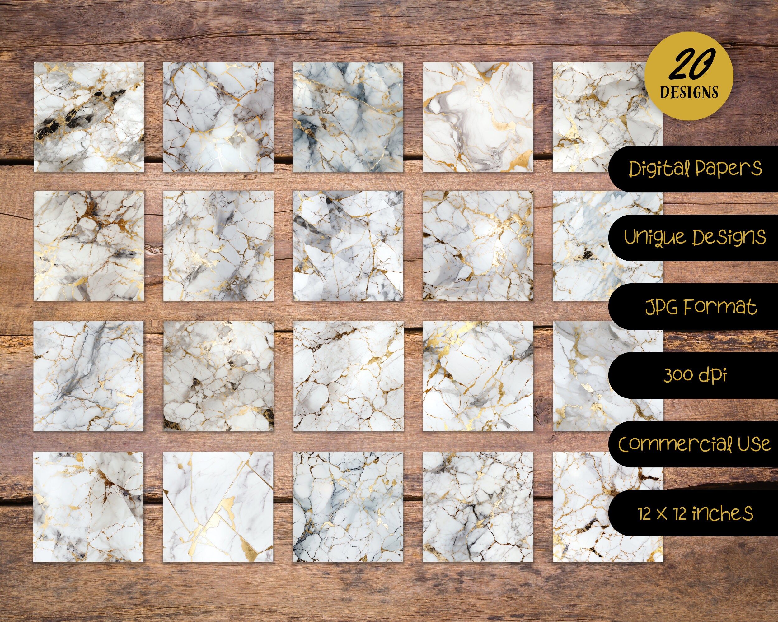 White and Gold Marble Seamless Digital Paper, White Marble Textures ...