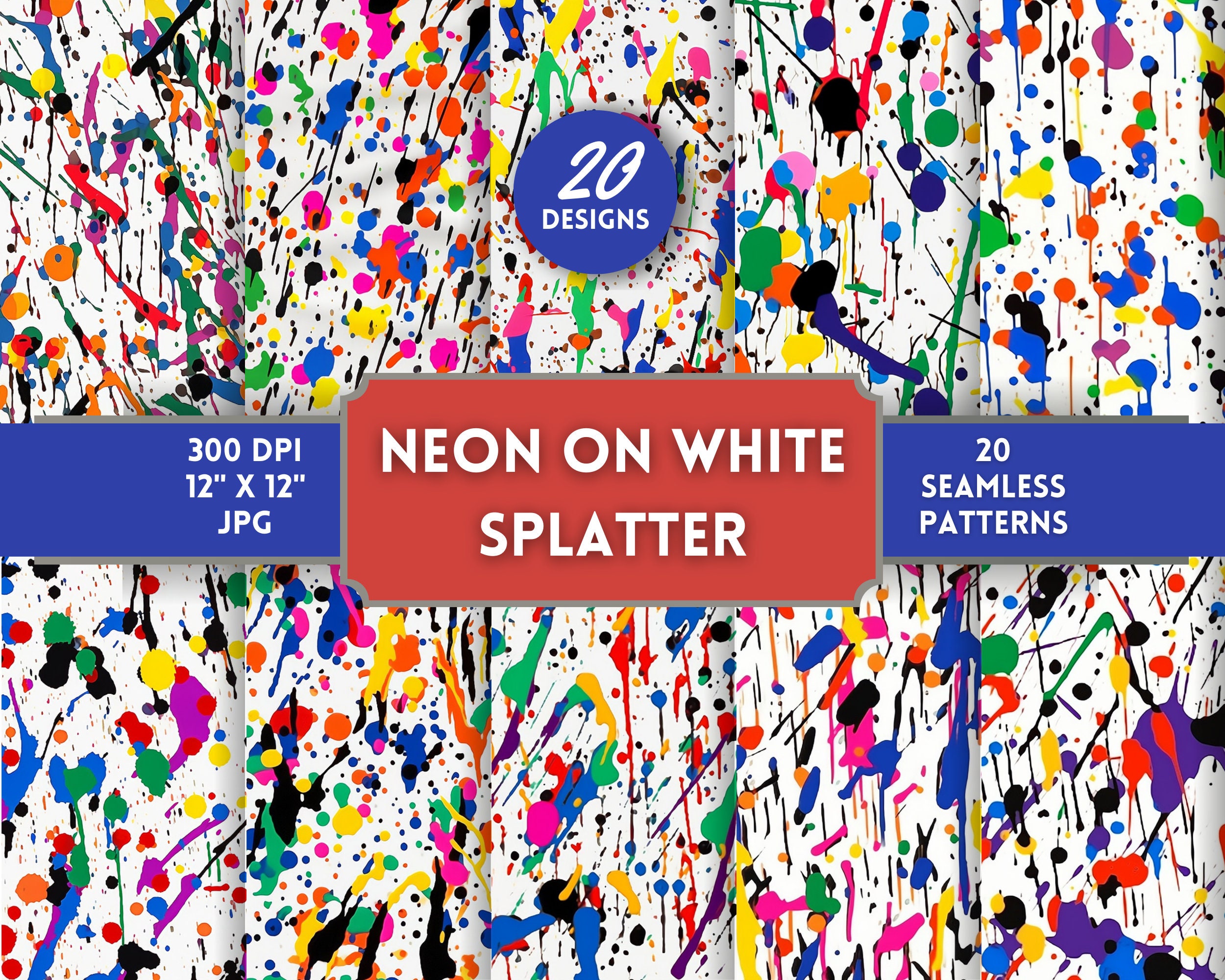 Neon on White Paint Splatter Seamless Digital Paper Neon White Splatter ...