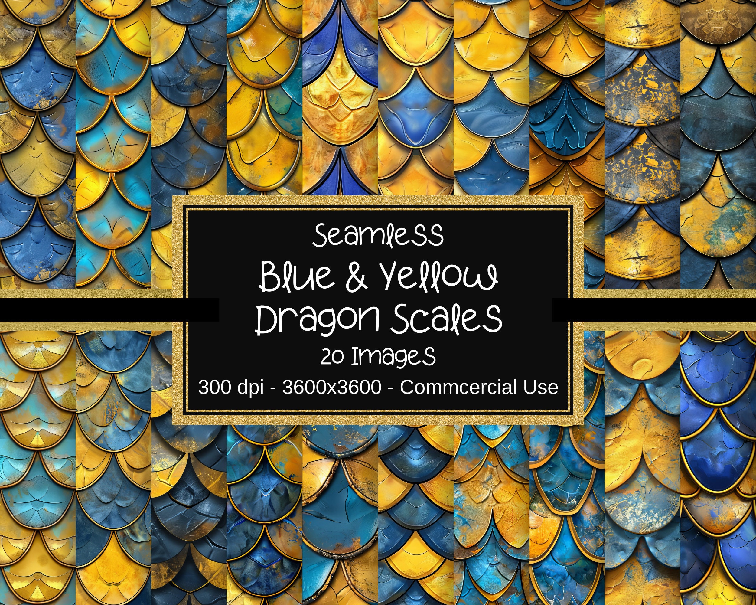 Dragon Scales Seamless Digital Paper, Blue and Yellow Dragon Scales ...