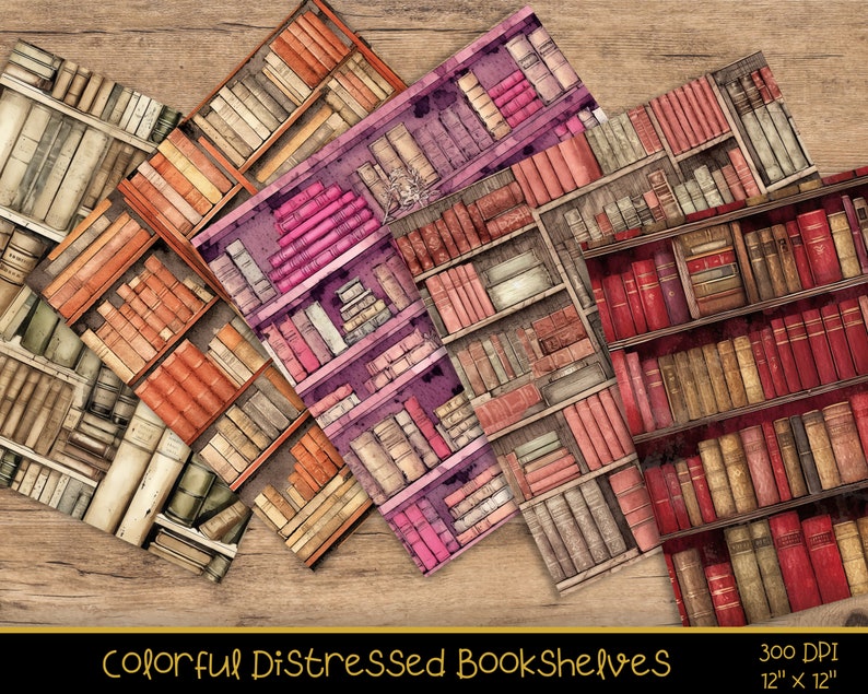 Bookshelf Digital Paper Pack Distressed and Vintage, Colorful, Library ...