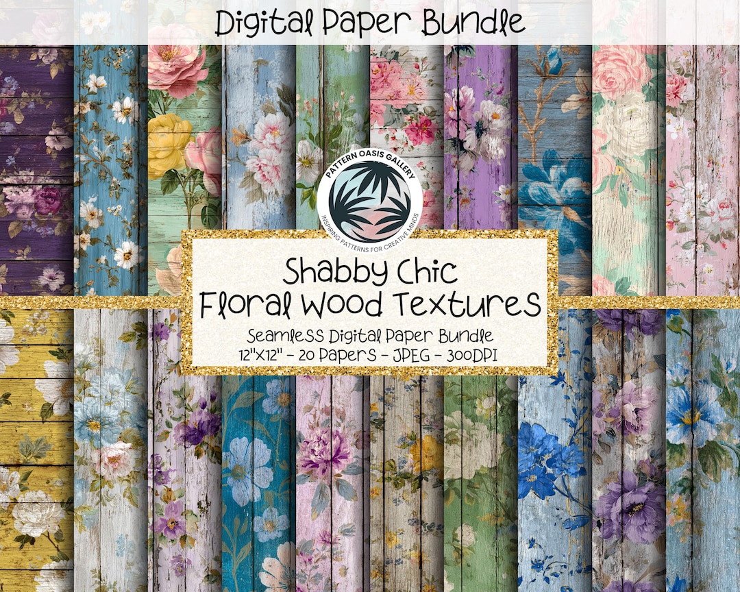 Floral Wood Textures Digital Paper Pack, Seamless Shabby Chic Rustic ...