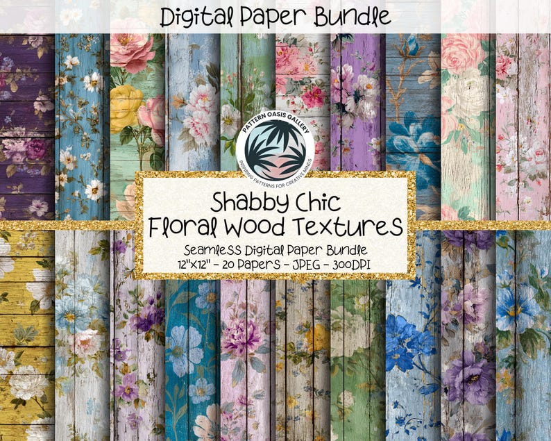 Floral Wood Textures Digital Paper Pack, Seamless Shabby Chic Rustic ...