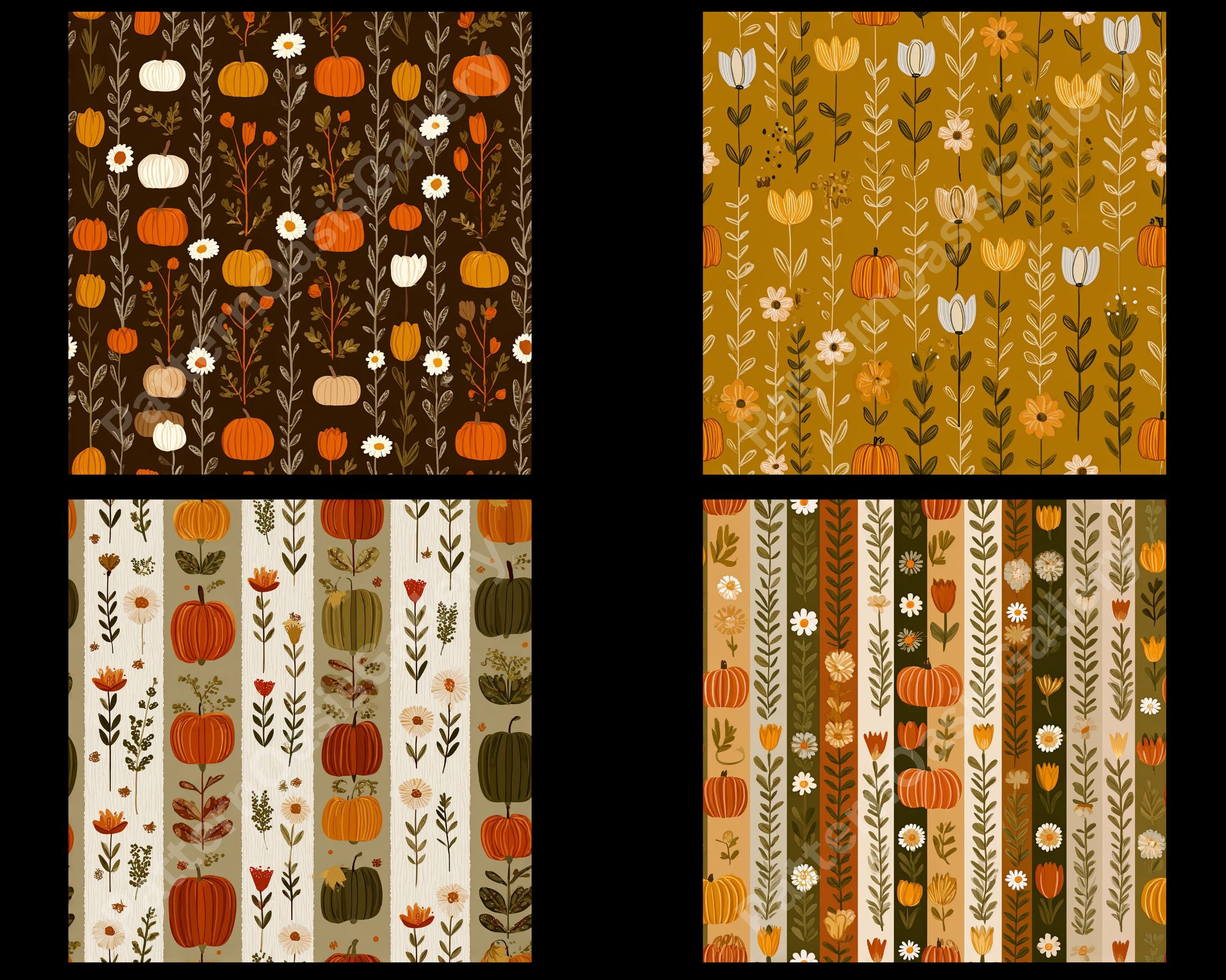 Autumn Pumpkin Folk Art Style Seamless Digital Paper, Whimsical Fall ...