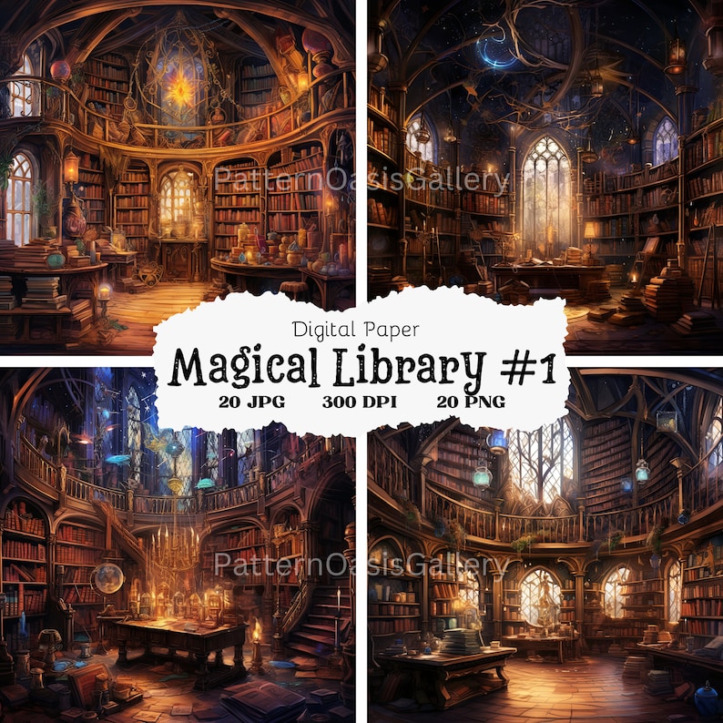 20 Designs of Magical Library Images, Wizards Library, Watercolor ...