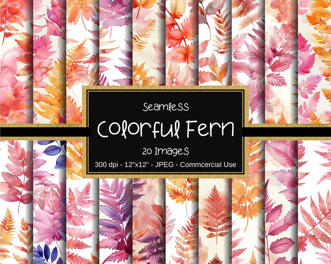 Fern Seamless Digital Paper, Colorful Fern Leaves Seamless Patterns, 12 ...