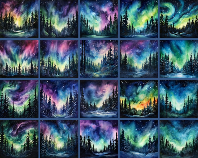 Watercolor Aurora Borealis Digital Paper, Northern Lights Backgrounds ...