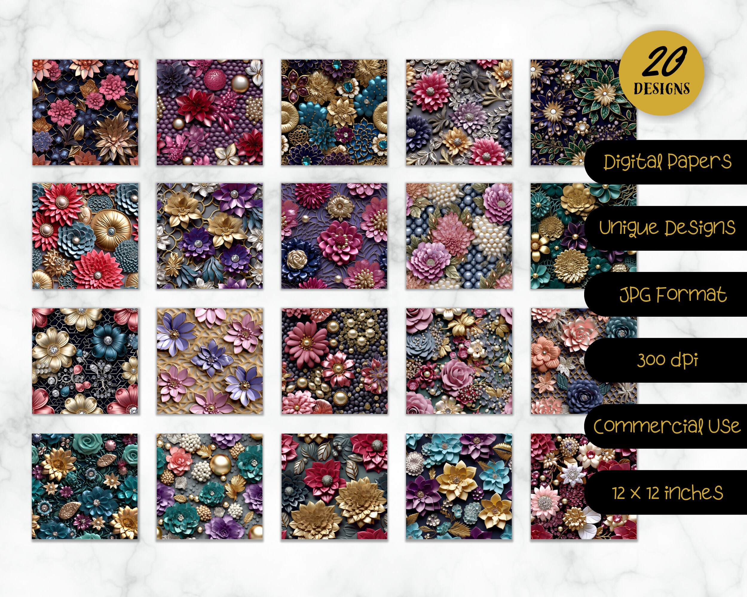 3D Flower Gems Digital Papers, 3D Floral Gems, 3D Flower Seamless ...
