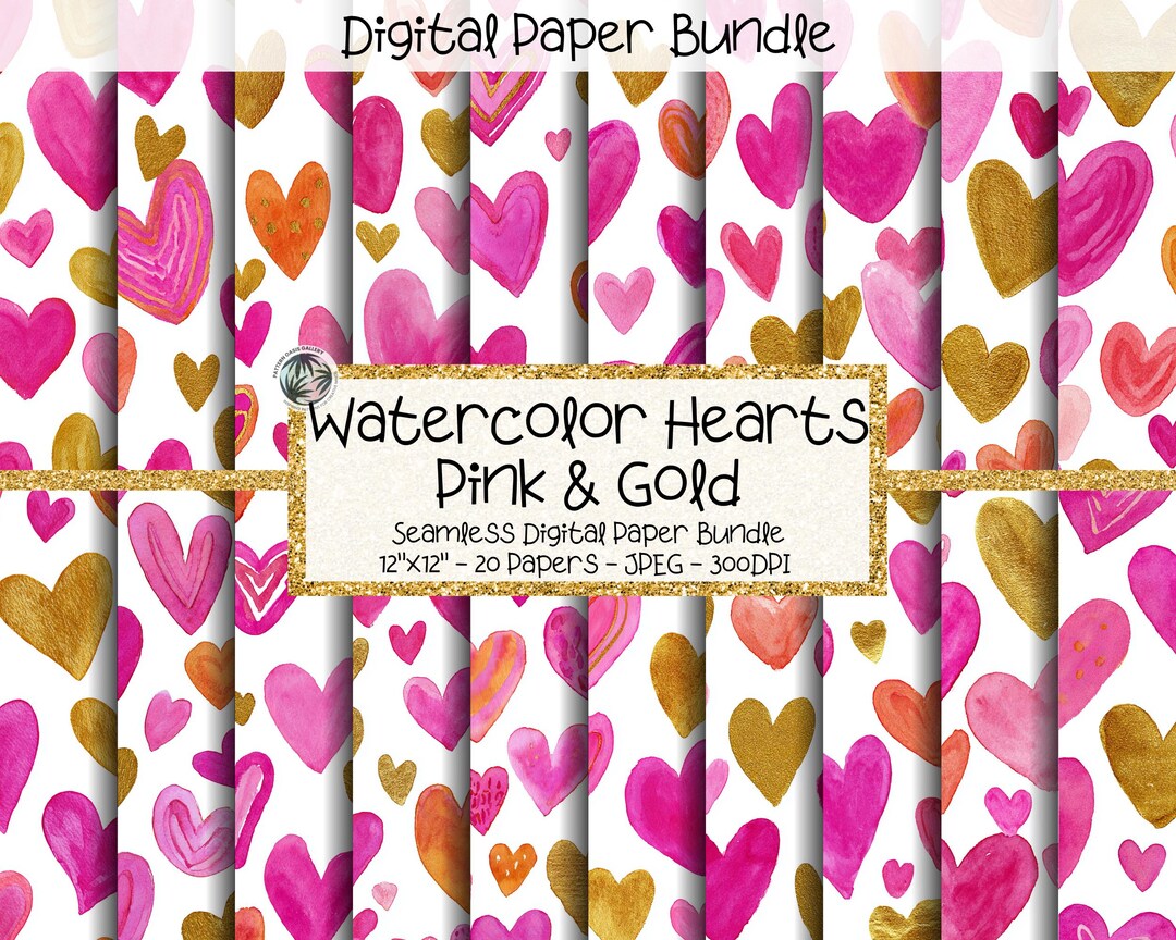 Watercolor Hearts Digital Paper Bundle, Seamless Whimsical Romantic ...