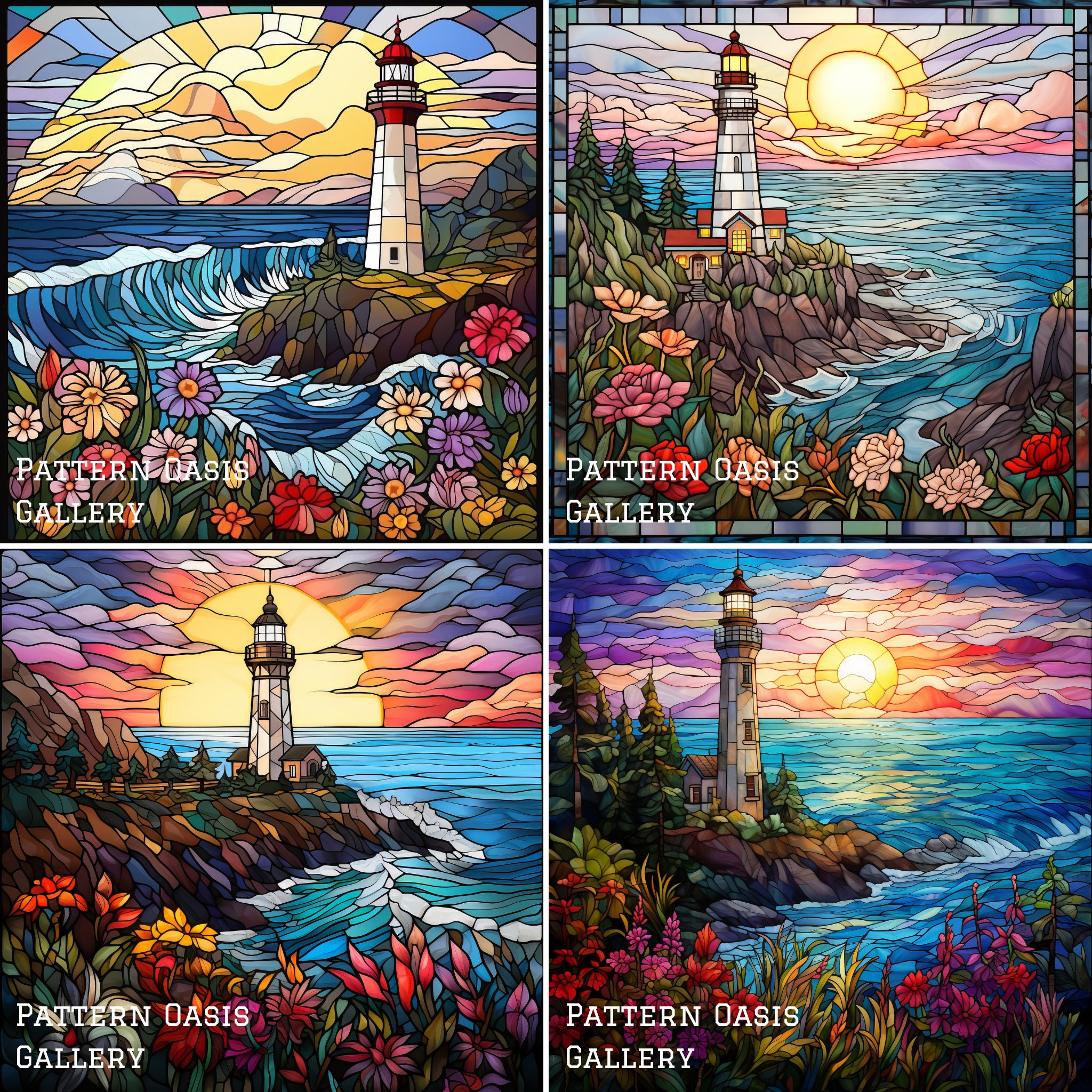 Stained Glass Lighthouse Digital Paper, Lighthouses Stained Glass ...