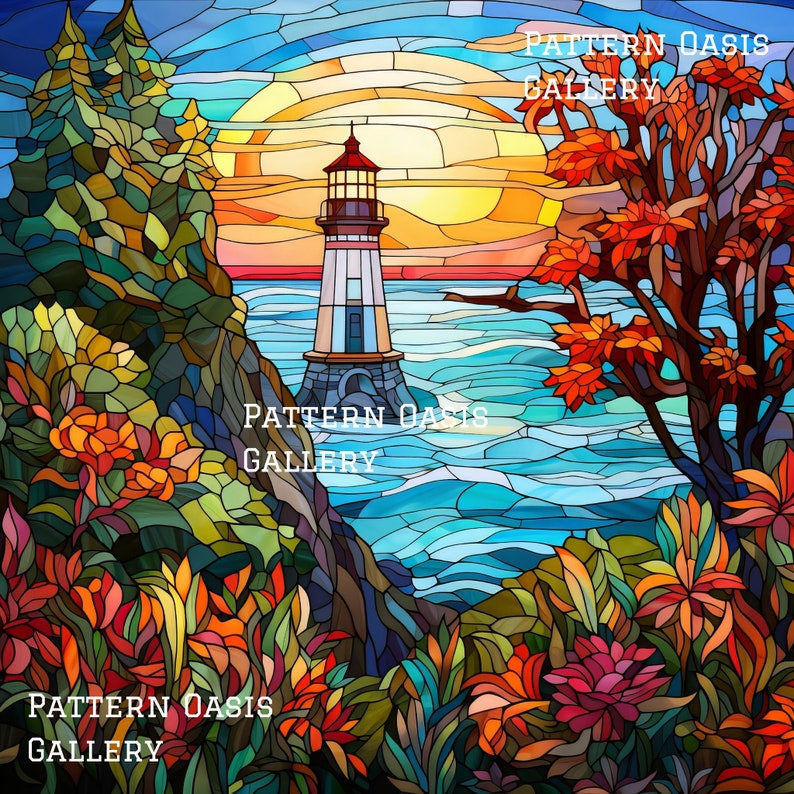 Stained Glass Lighthouse Digital Paper, Lighthouses Stained Glass ...