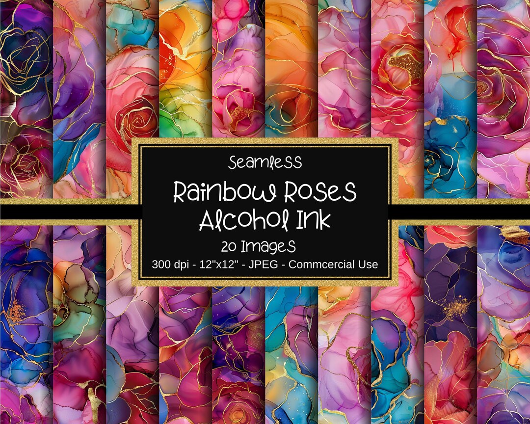 Alcohol Ink Roses Seamless Digital Paper, Gold Lines, Floral Ink ...