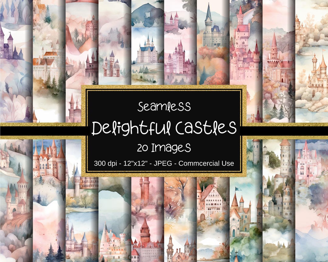 Delightful Castles Seamless Digital Paper, Watercolor Castles Patterns ...