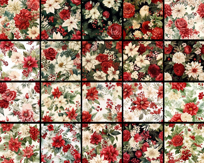Watercolor Vintage Christmas Flowers Seamless Digital Paper, Christmas ...