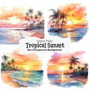 20 Tropical Sunset Clipart, Watercolor Sunset Images, Beach Landscape ...