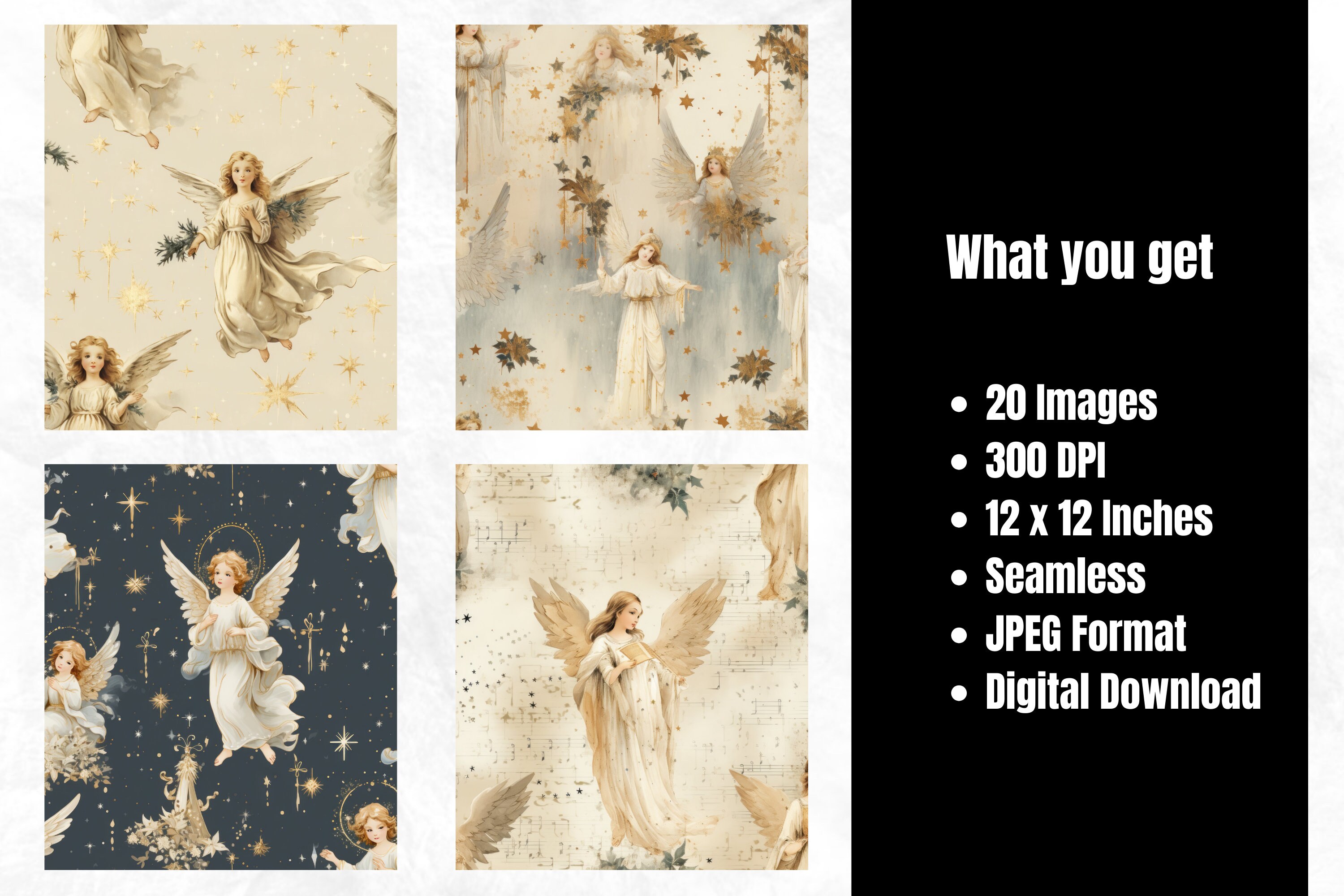 Angels and Stars Vintage Digital Paper Pack Set of 20, Instant Download ...