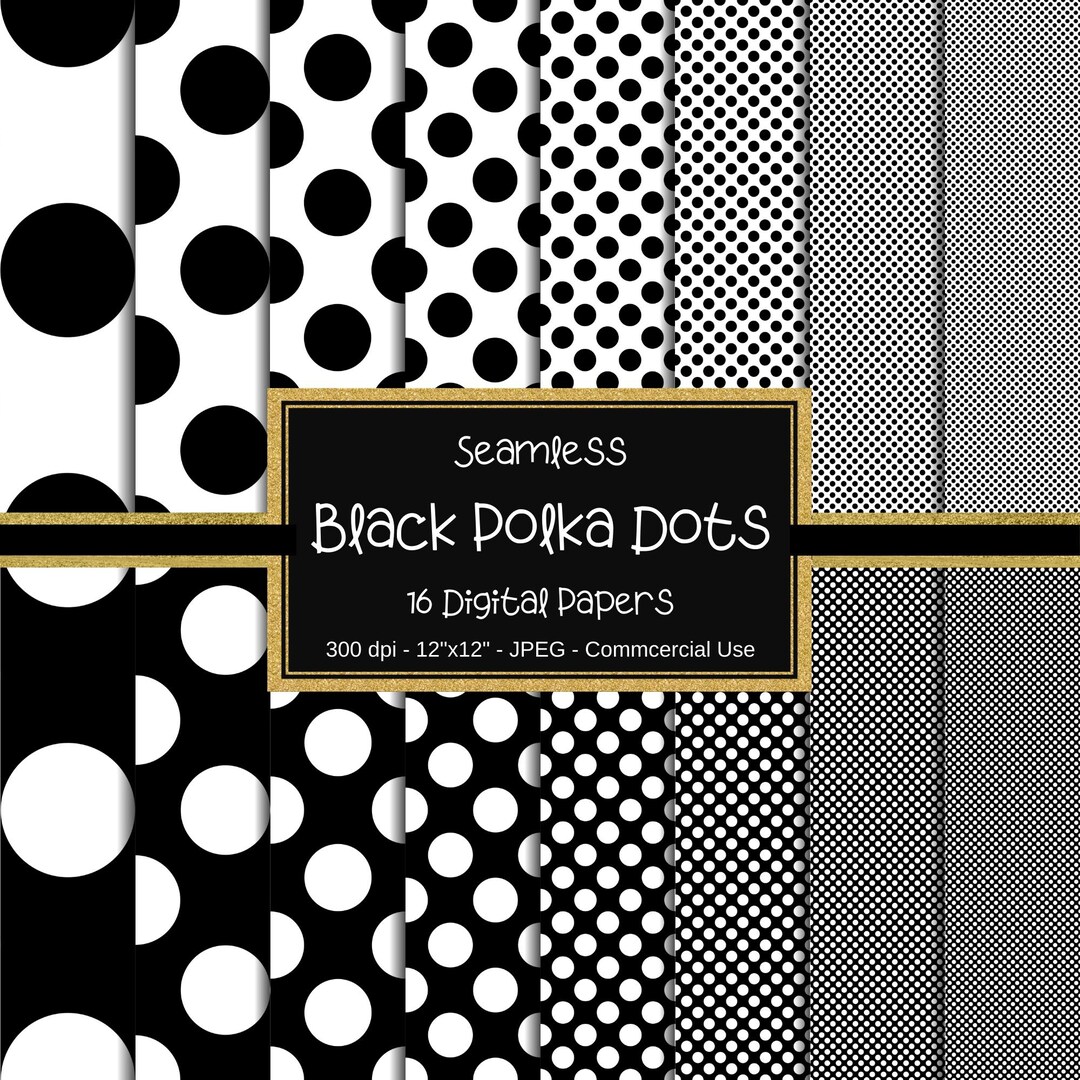 Black Polka Dot Seamless Digital Paper, 12"x12", 16 Papers, Small Polka ...