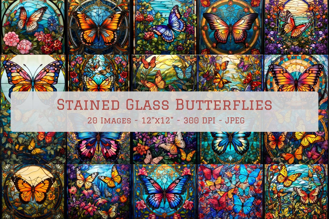 Stained Glass Butterflies Digital Paper, Butterfly Stained Glass ...