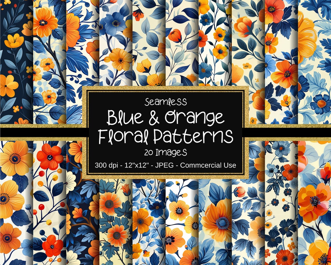Blue and Orange Floral Seamless Pattern, Blue and Orange Flowers ...