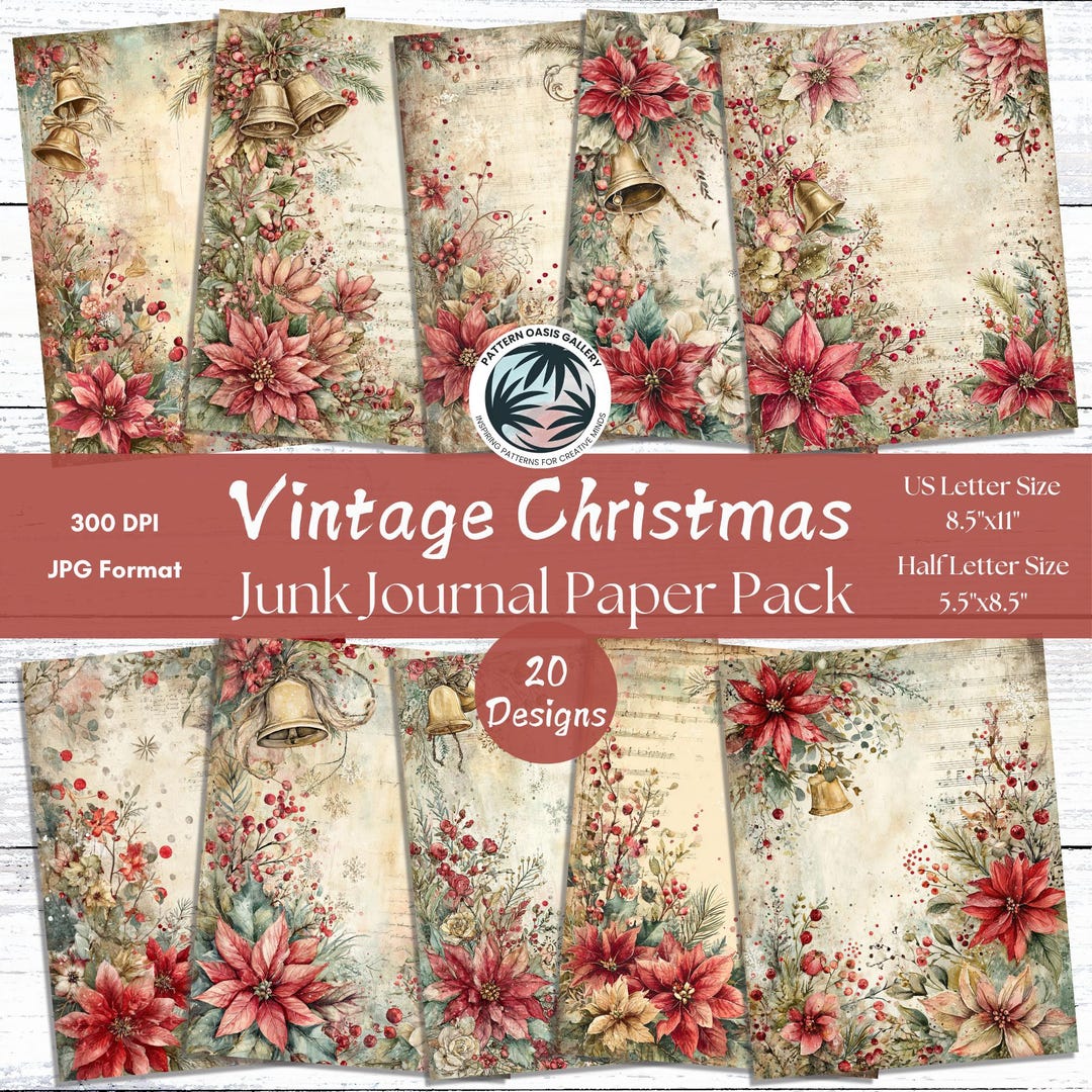 Vintage Christmas Journal Pages, Full and Half Papers, Poinsettias ...