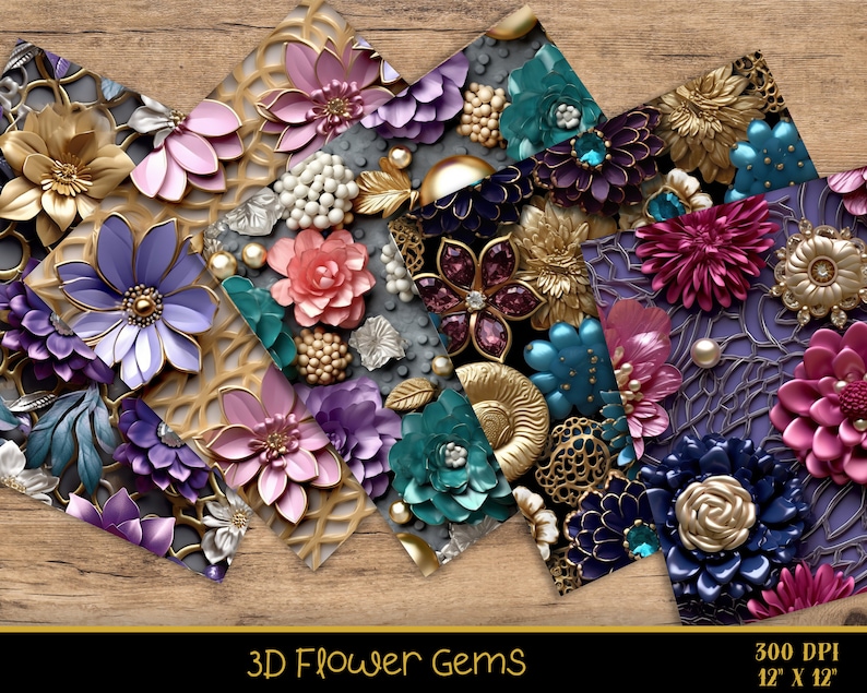3D Flower Gems Digital Papers, 3D Floral Gems, 3D Flower Seamless ...