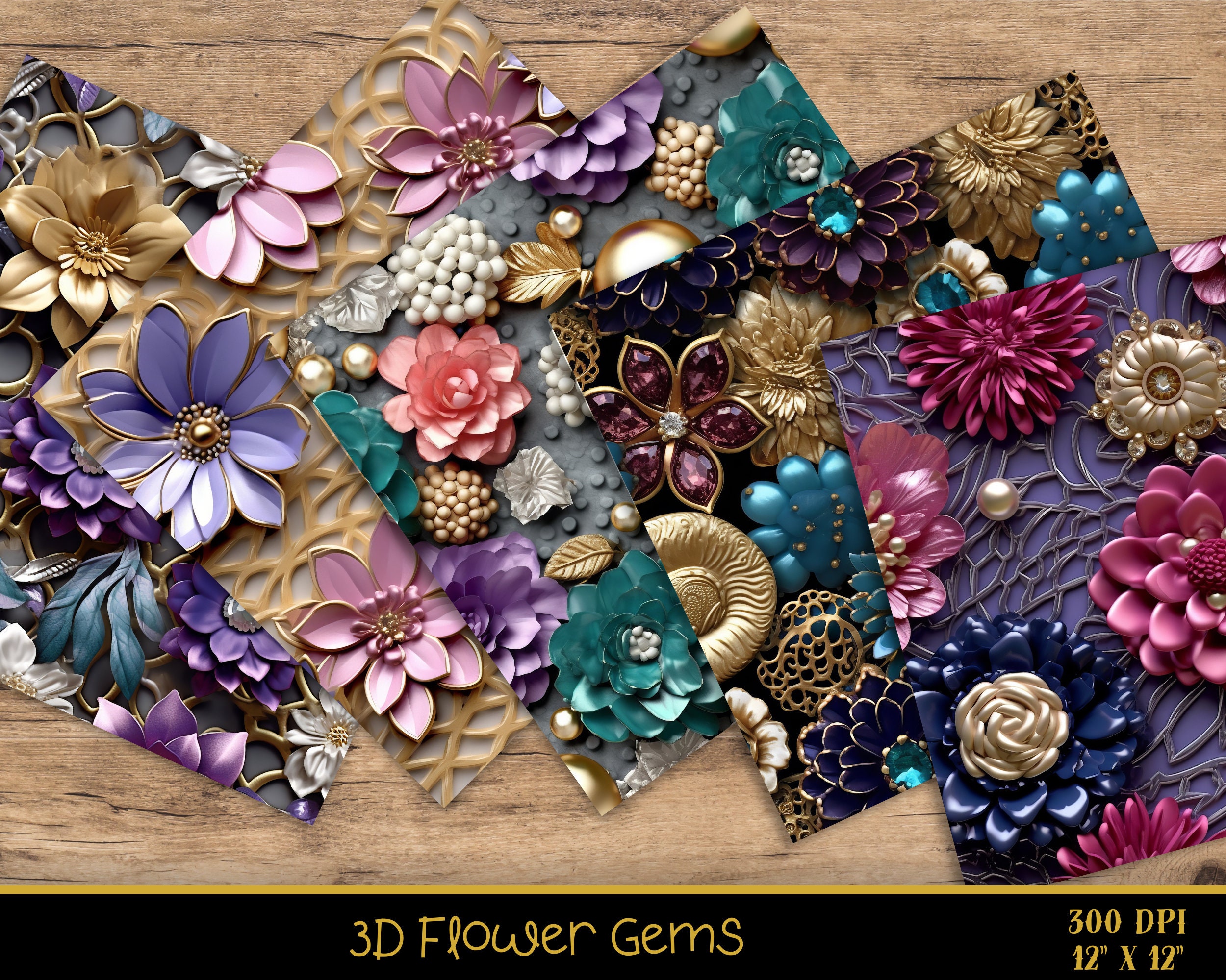 3D Flower Gems Digital Papers, 3D Floral Gems, 3D Flower Seamless ...