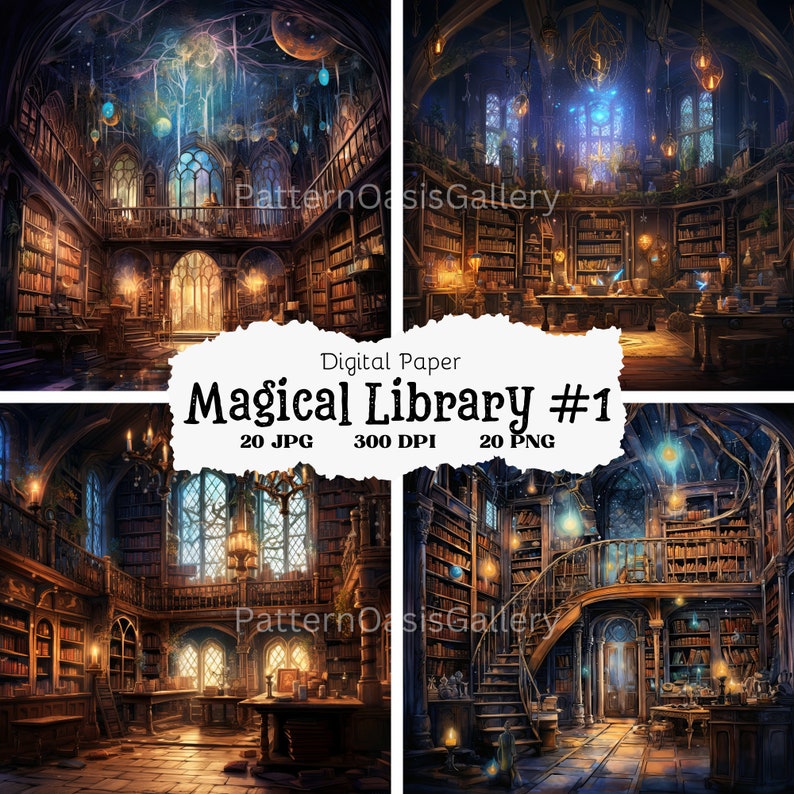 20 Designs of Magical Library Images, Wizards Library, Watercolor ...