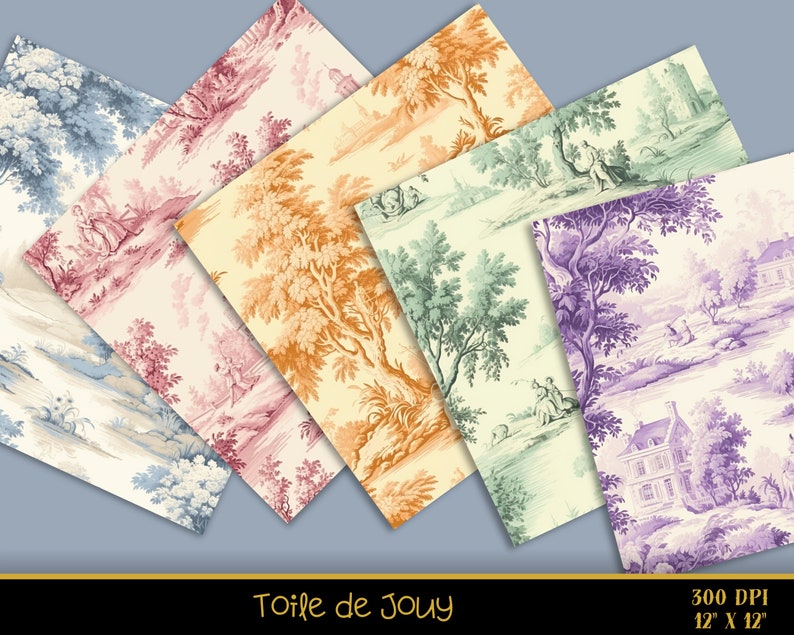 French Toile De Jouy Digital Papers, 20 Images, 12x 12, Colorful Toile ...