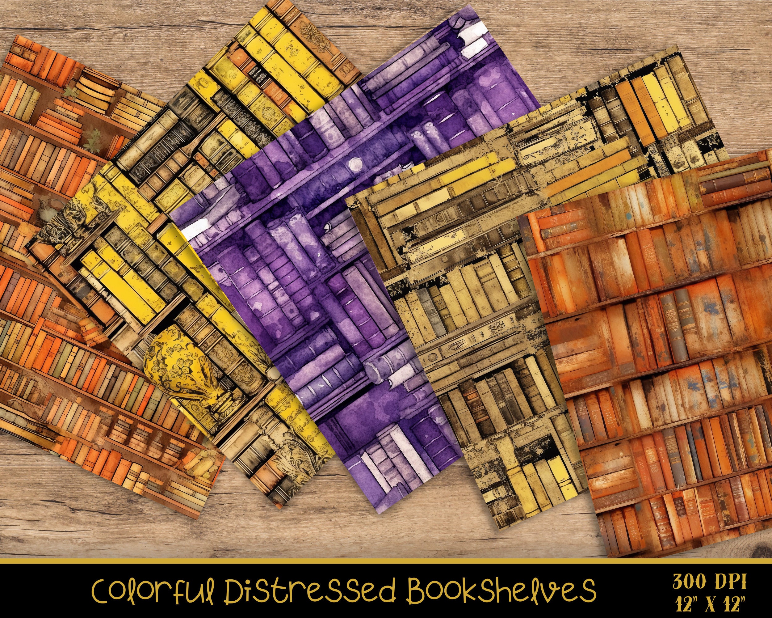 Bookshelf Digital Paper Pack Distressed and Vintage, Colorful, Library ...