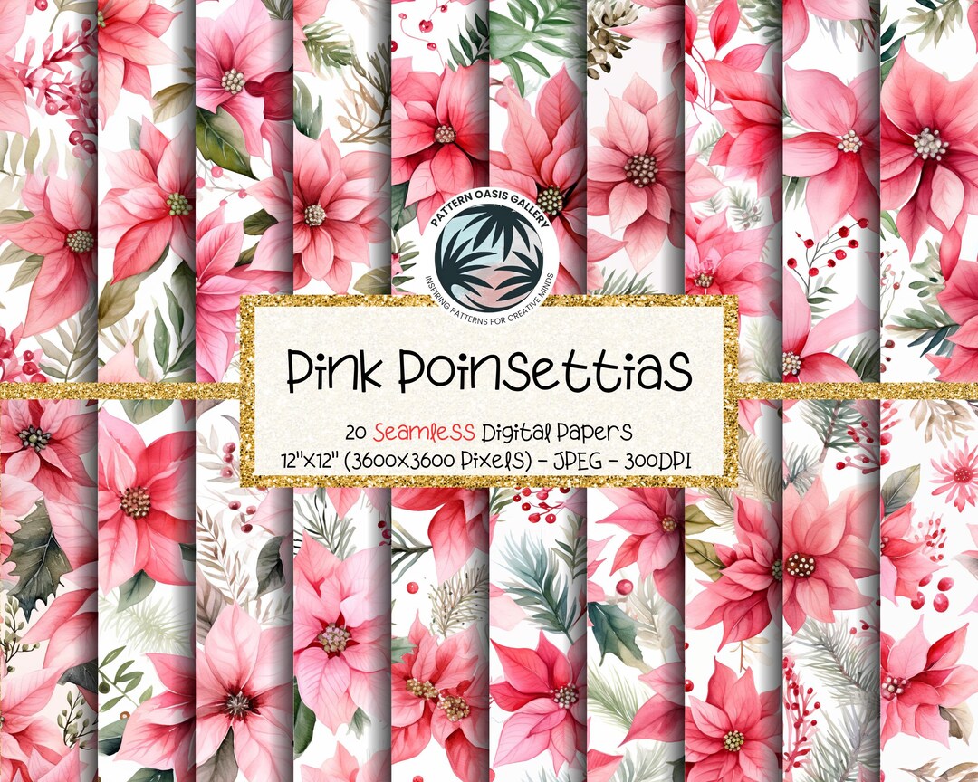 Pink Poinsettias Seamless Digital Paper, Poinsettias Seamless Patterns ...