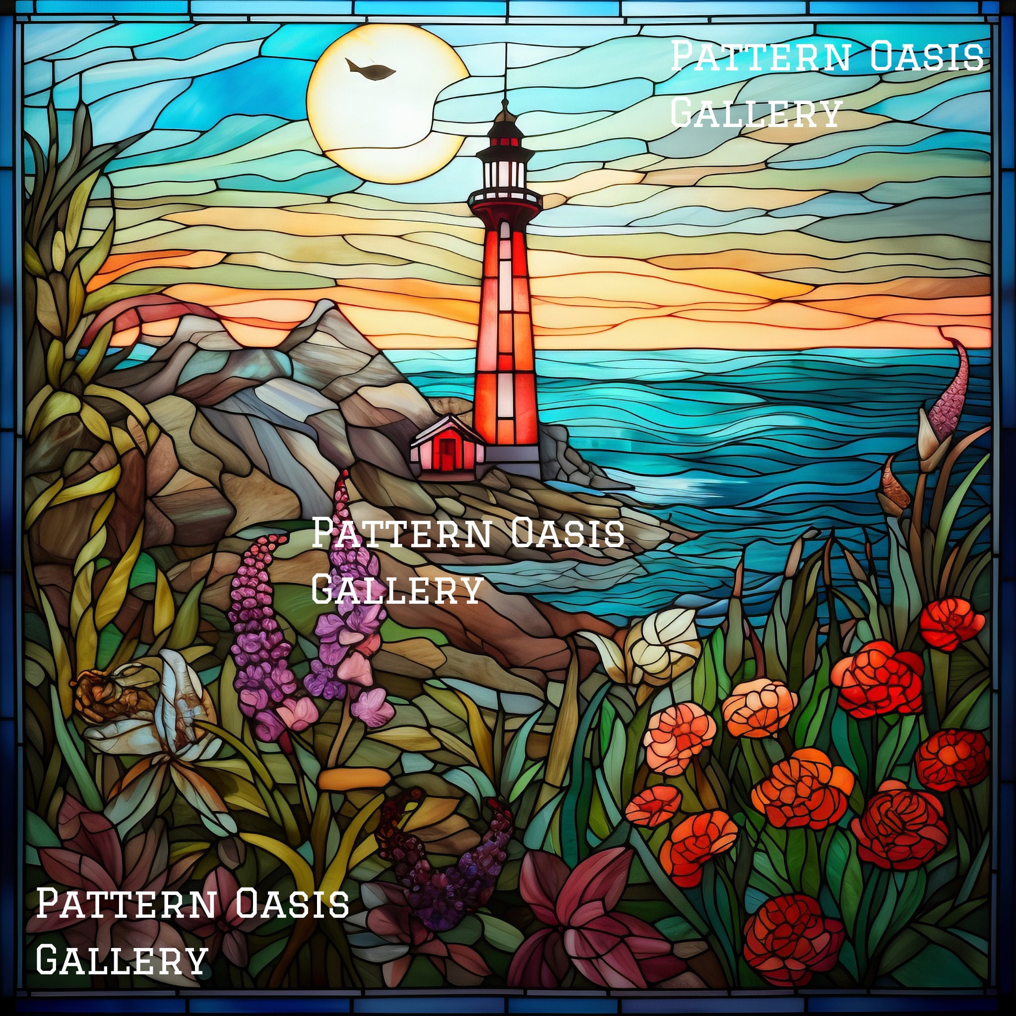 Stained Glass Lighthouse Digital Paper, Lighthouses Stained Glass ...